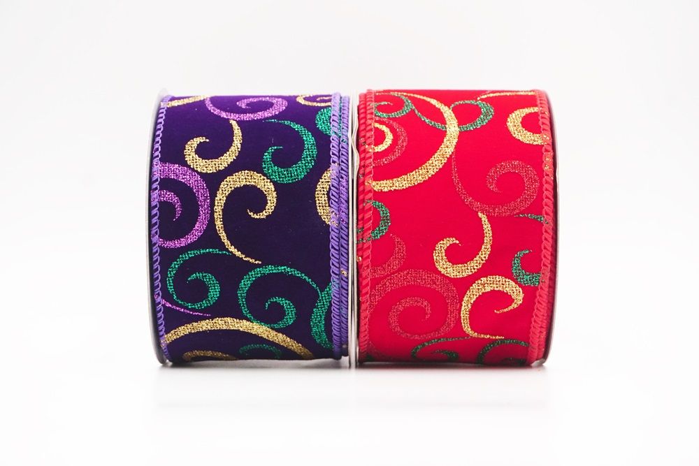 Christmas Swirl Pattern Wired Ribbon | KING YOUNG Velvet Festive Décor