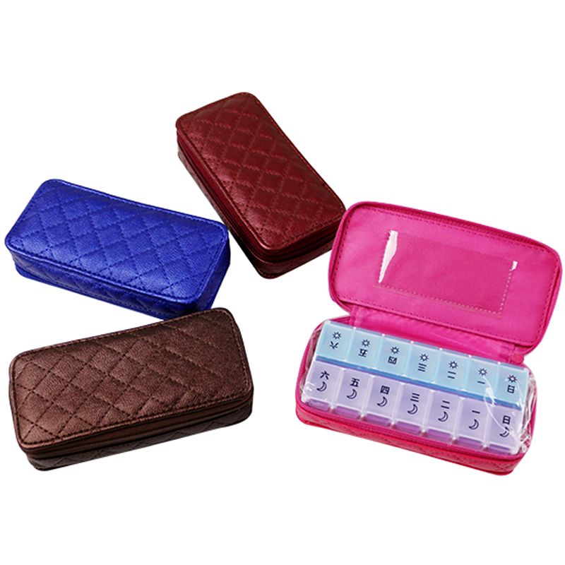 AM / PM 14 Grid Weekly Pill Organizer Case with Leather Bag (PU-337 ...