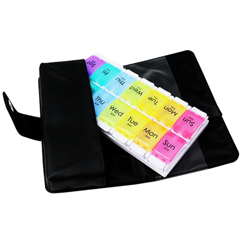 AM PM Push & Flip Pill Case with Tray in Leather Bag (PU-353-2 ...