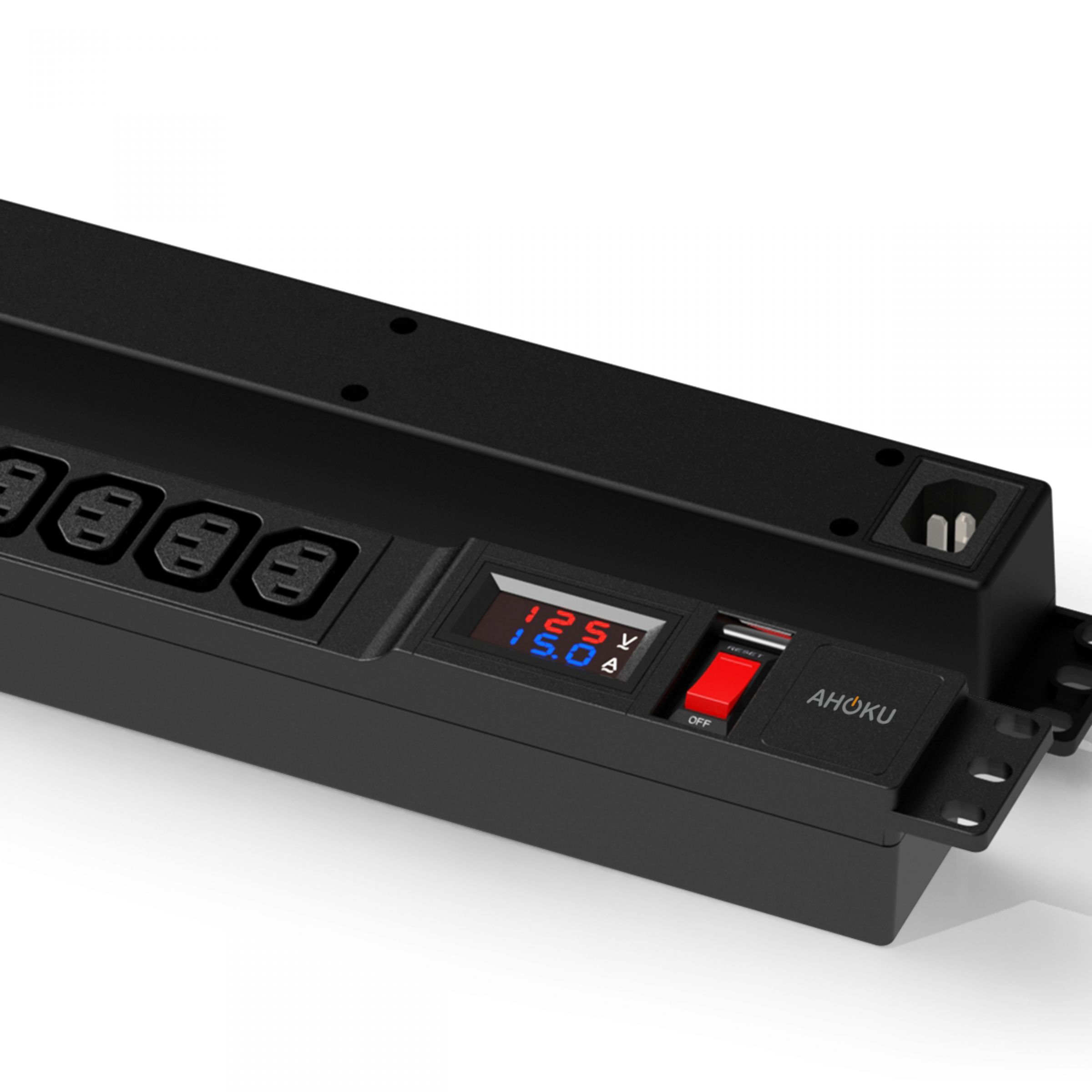 PDU แนวนอนที่มี 12 ช่องรับ C13 (ด้านหน้า) และช่องรับ C14 (ด้านหลัง ...